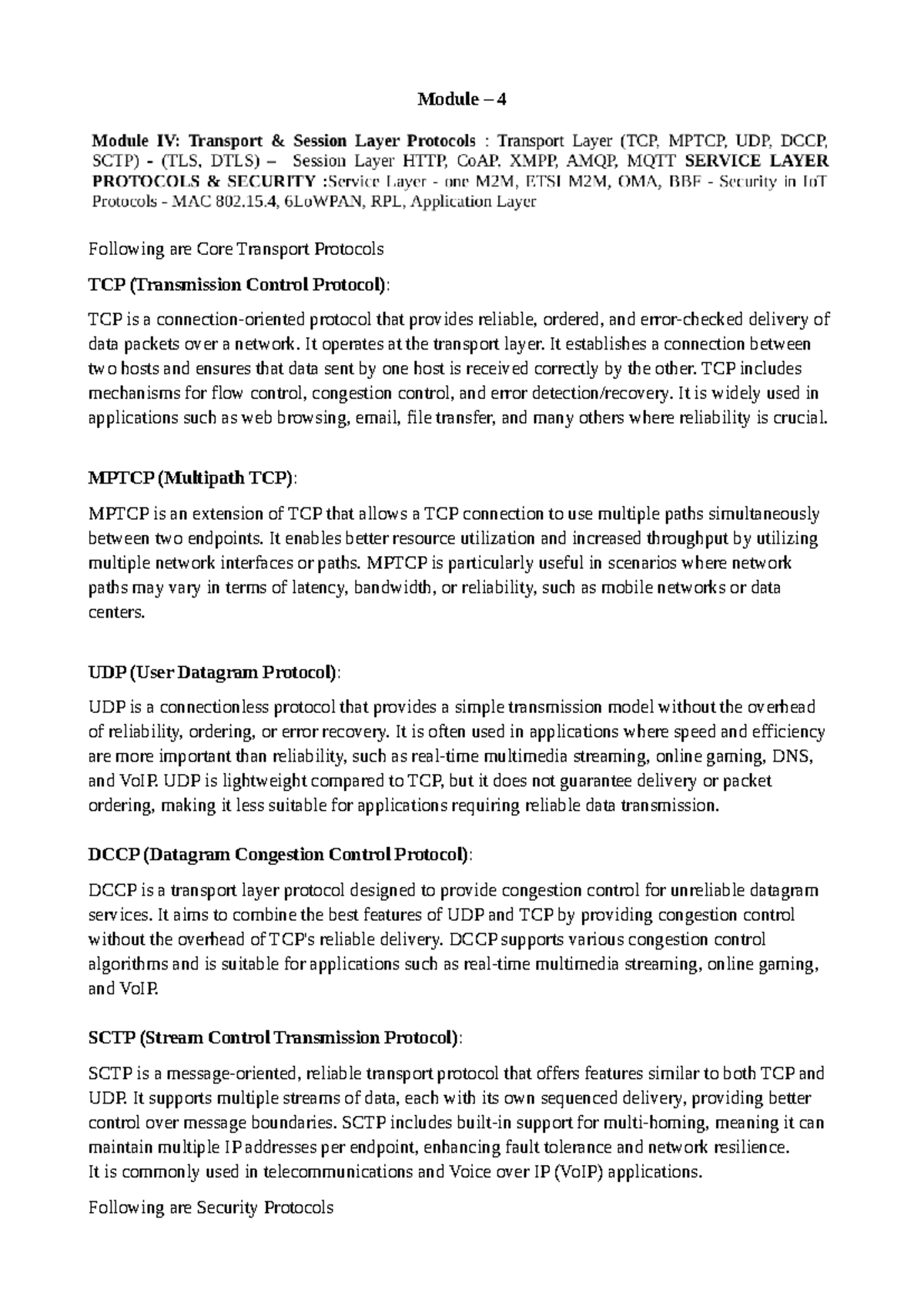 Io T Module-4 - Notes - Module – 4 Following are Core Transport ...