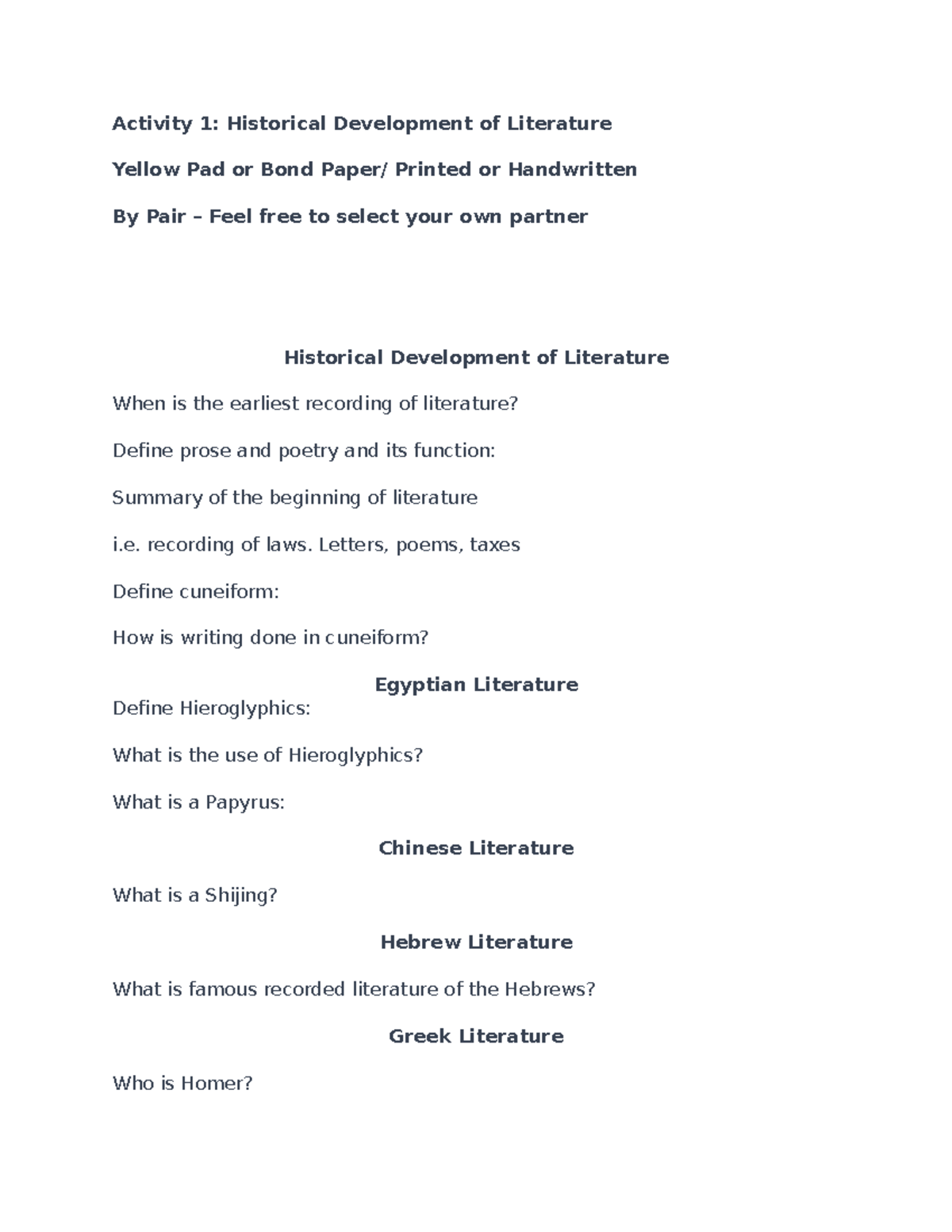 Activity 1 Historical Development of Literature - Activity 1 ...