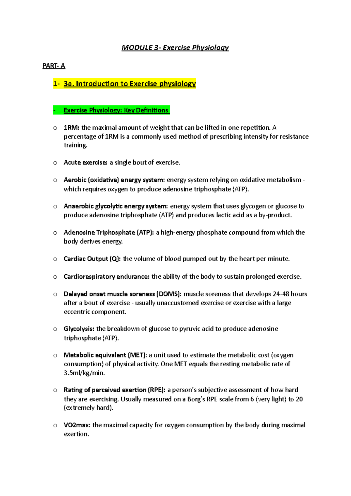 Module 3 - lecture notes - MODULE 3- Exercise Physiology PART- A 1- 3a ...