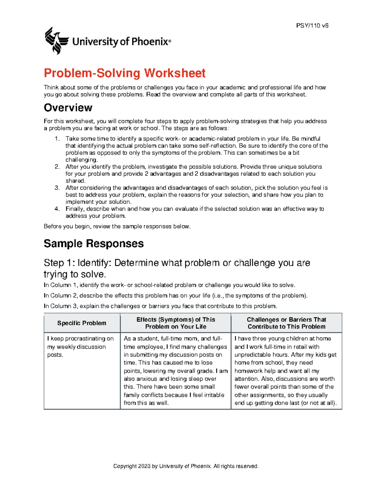 Psy110 v6 wk4 problem solving worksheet - PSY/110 v 6 Problem-Solving ...