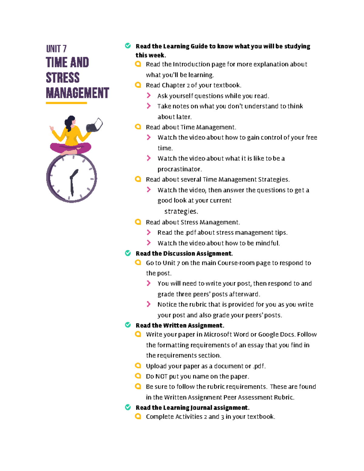 UNIV 1001 Weekly Checklist unit7 - Unit 7 Time and Stress Management ...