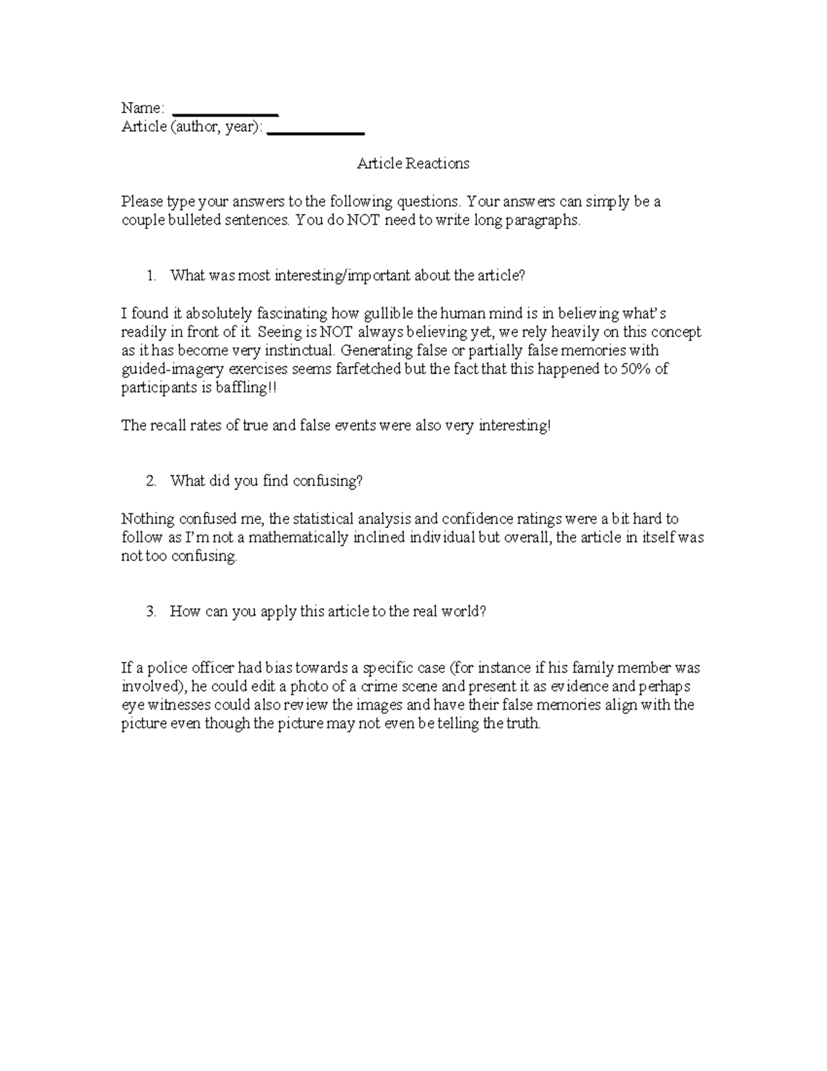 Article Reactions - Name: _____________ Article (author, year ...