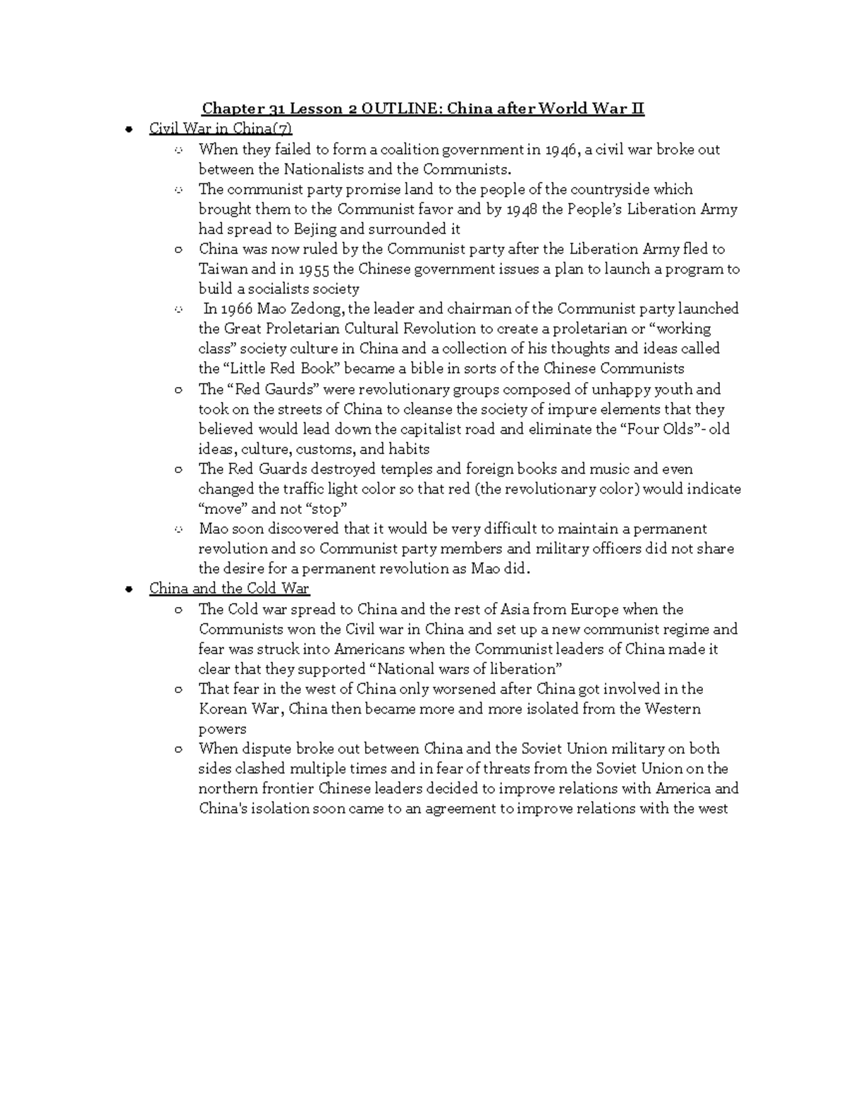 Chapter 31 Lesson 2 OUTLINE: China after World War II - The communist ...