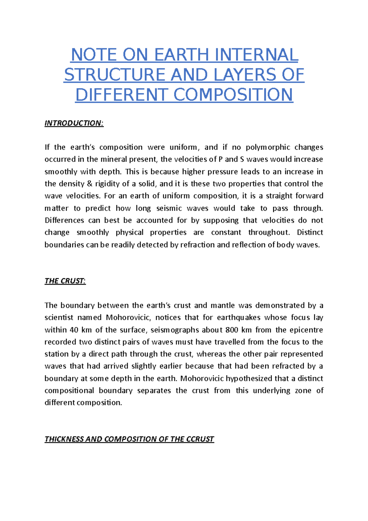 NOTE ON Earth Internal Structure AND Layers OF Different Composition ...