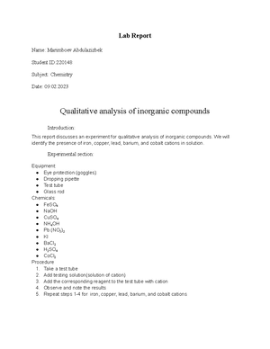 Lab report#2 - aaaaaaaaaaaaaaaaaaaaaaaaaaaaa - AU Chemistry Lab Lab ...