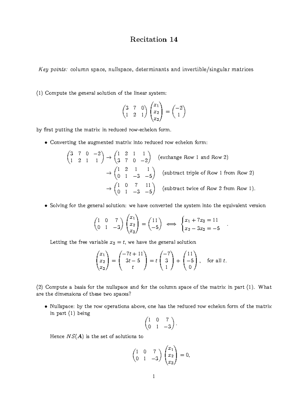 Solution Recitation 14 - October 26 - Recitation 14 Key points: column space, nullspace, - Studocu