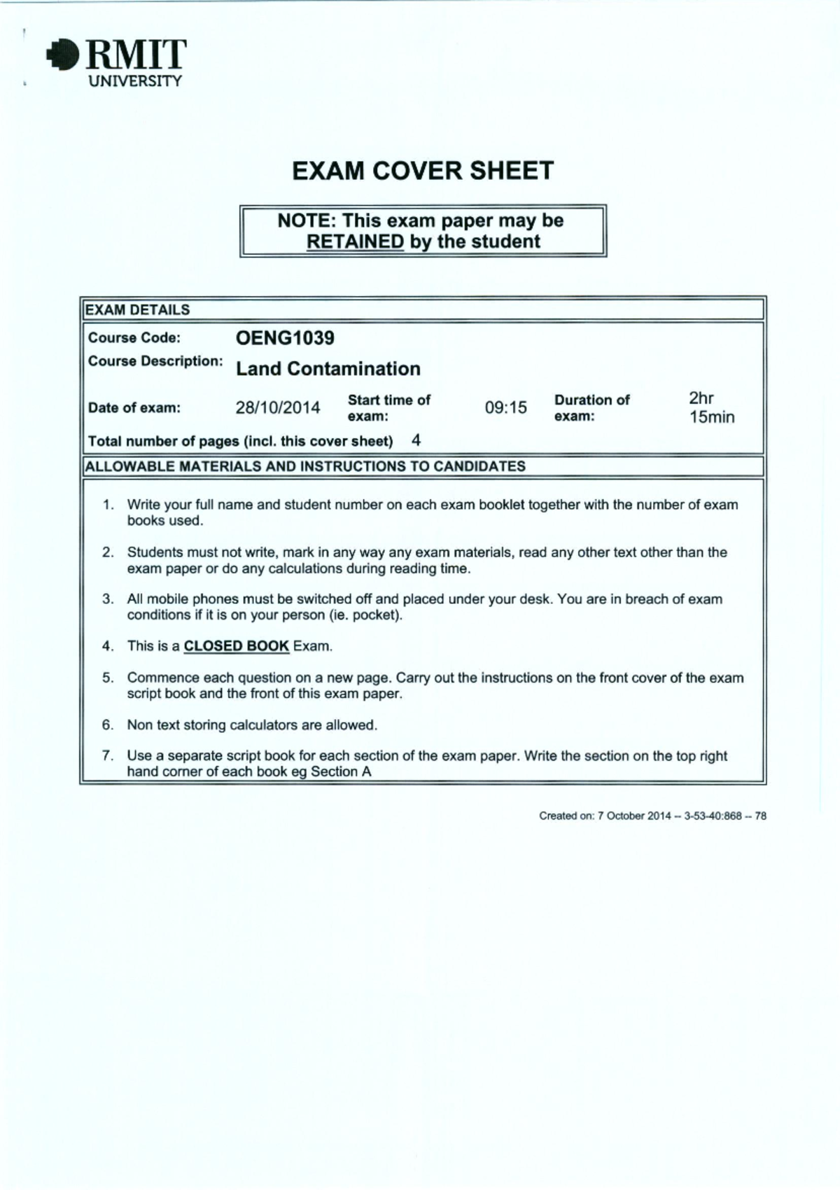 Exam 2014, questions - I. RMIT UNIVERSITY EXAM COVER SHEET RETAINED the ...
