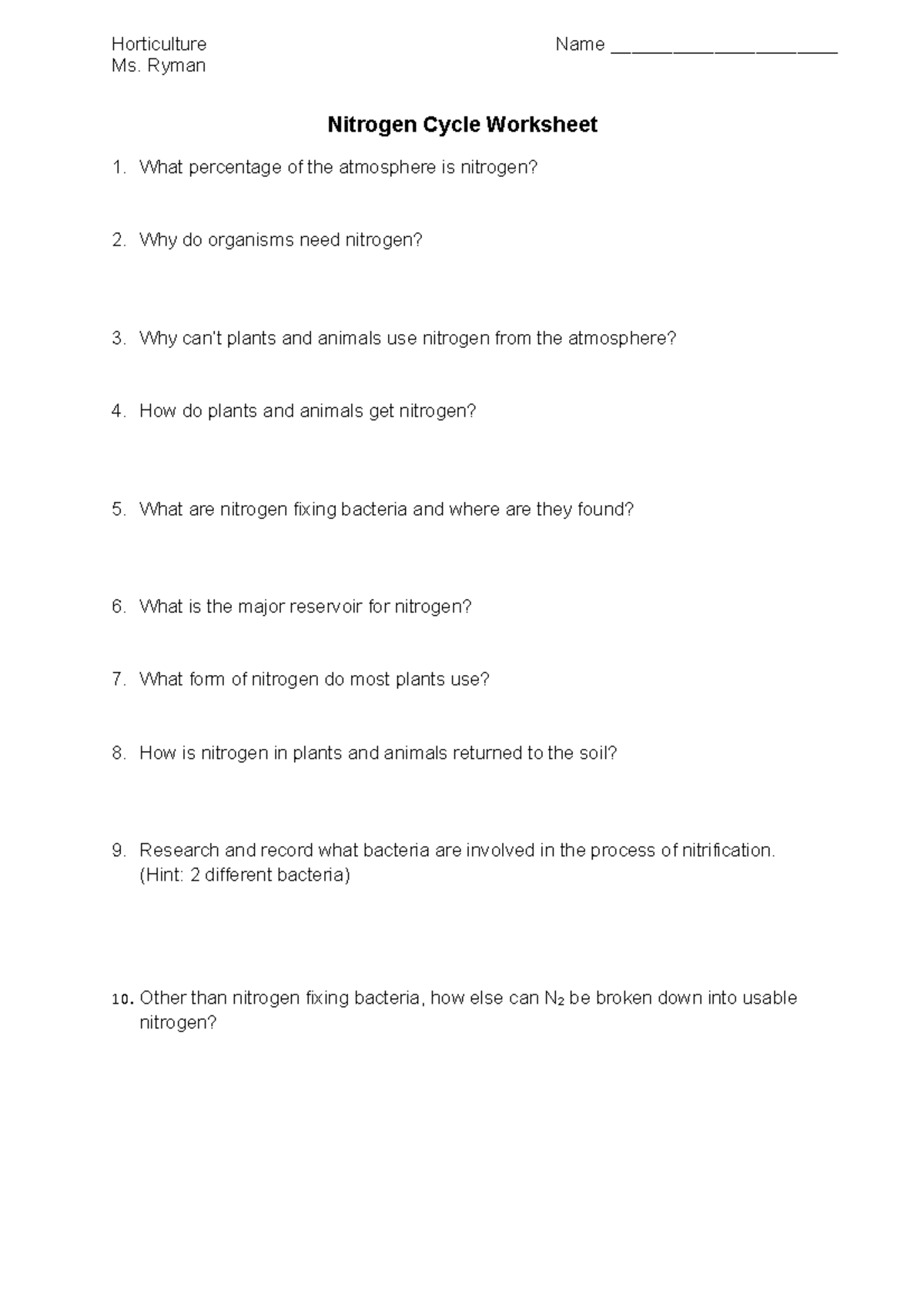 Nitrogen cycle worksheet - Horticulture Name ______________________ Ms ...