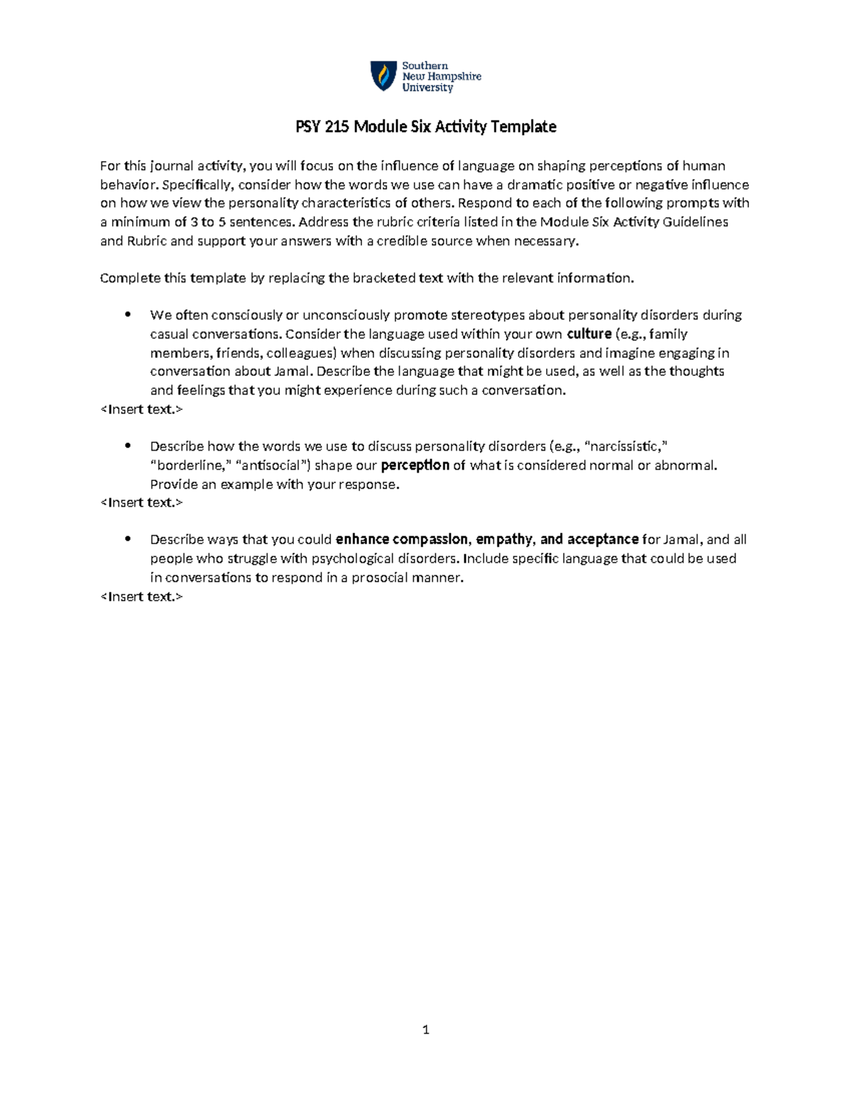 PSY 215 Module Six Activity Template - PSY 215 Module Six Activity ...