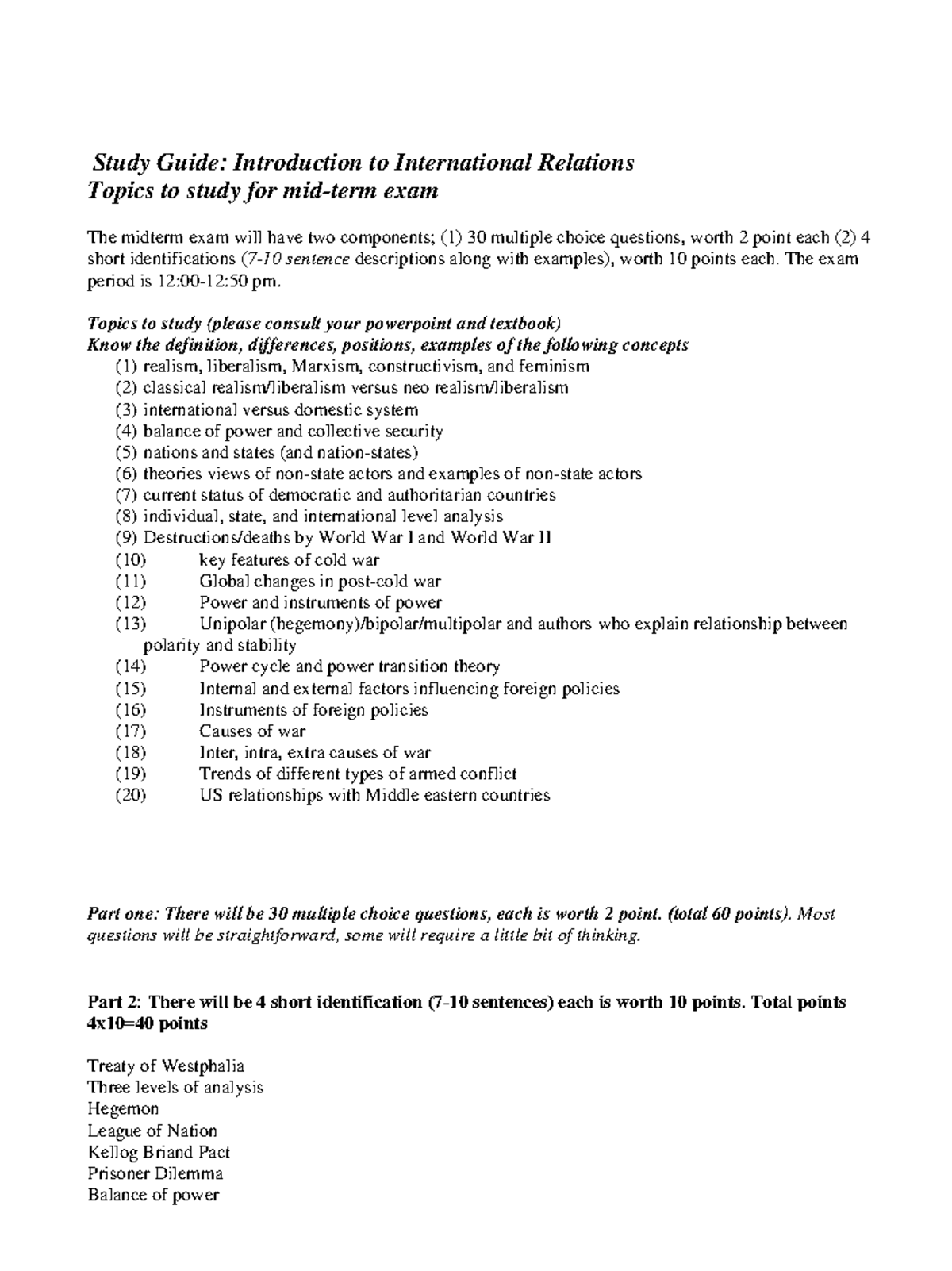 Study Guide Spring 2023 - Study Guide: Introduction to International ...