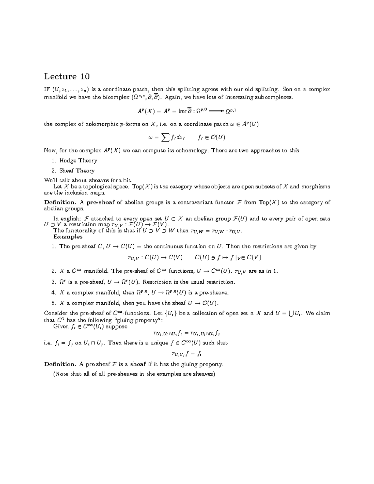 The De Rham Theorem for Acyclic Covers - Lecture 10 IF (U, z 1 ...