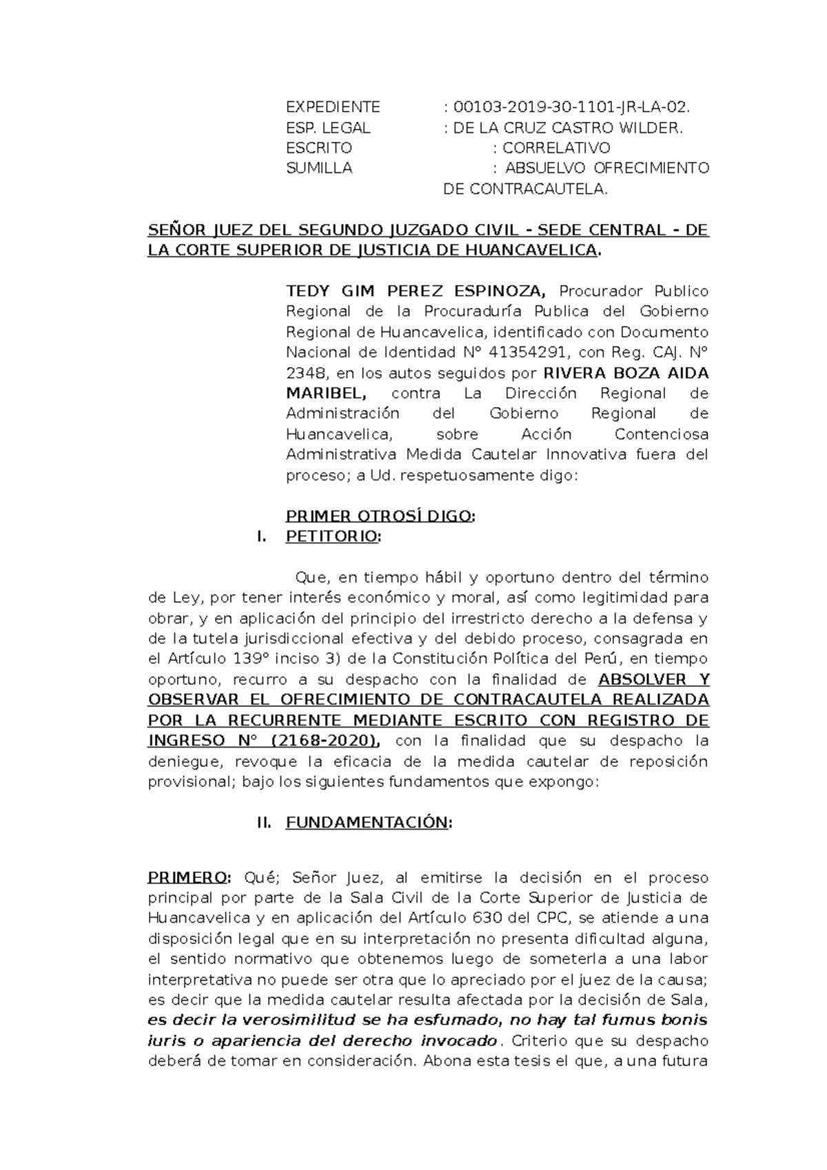 Absolucion de contracautela - EXPEDIENTE : 00103-2019-30-1101-JR-LA-02 ...