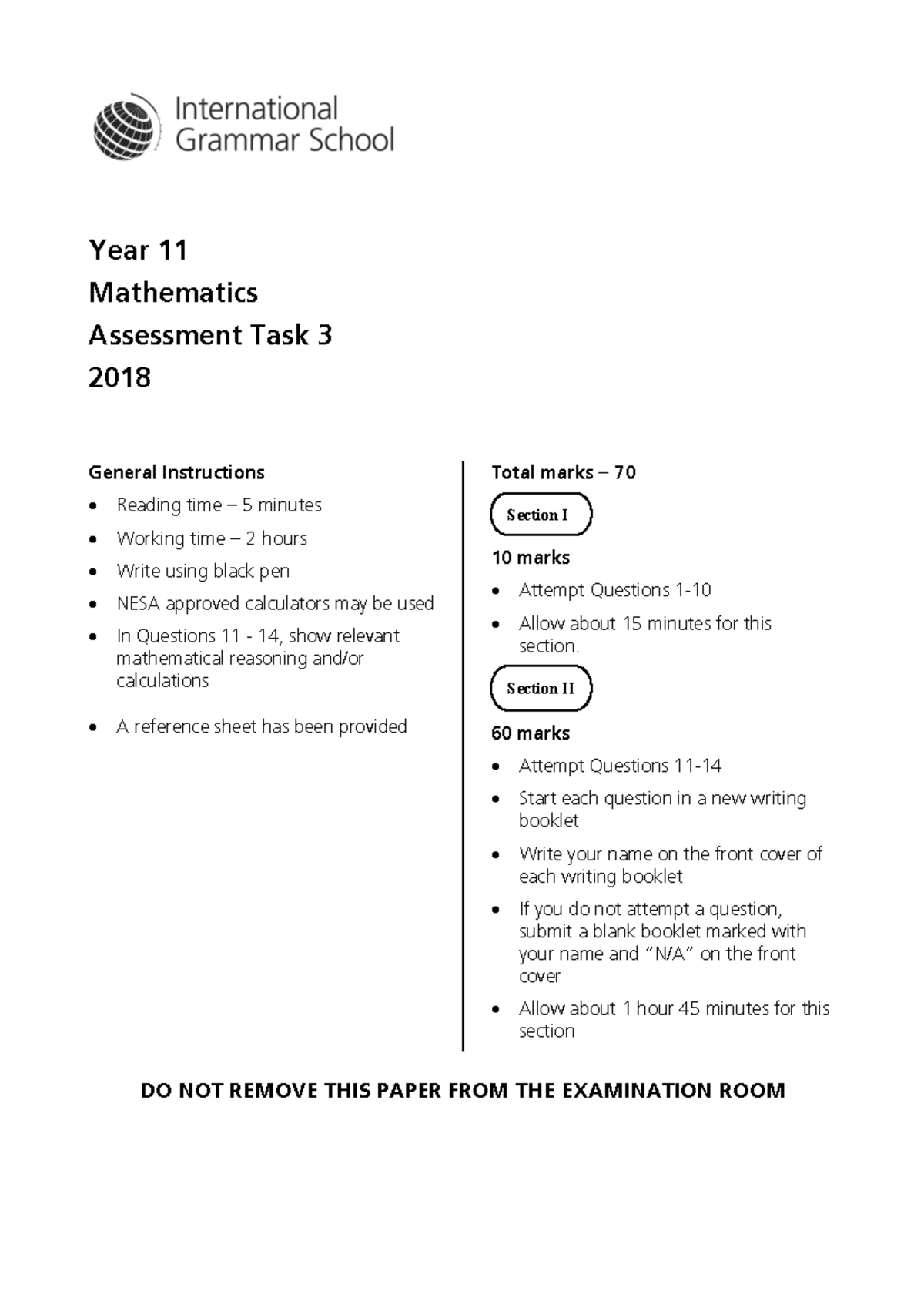 Yearly 2018 - International Grammar Mathematics Advanced Paper - Year ...
