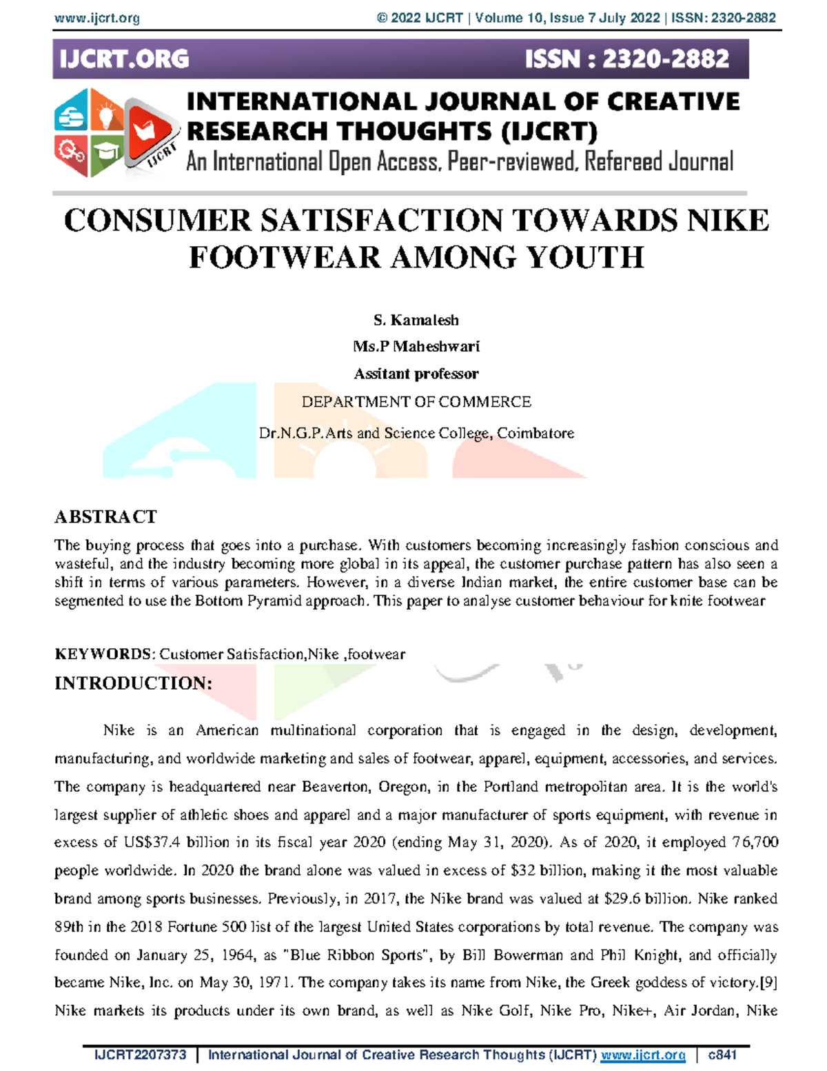 Ijcrt 2207373 - CONSUMER SATISFACTION TOWARDS NIKE FOOTWEAR AMONG YOUTH ...