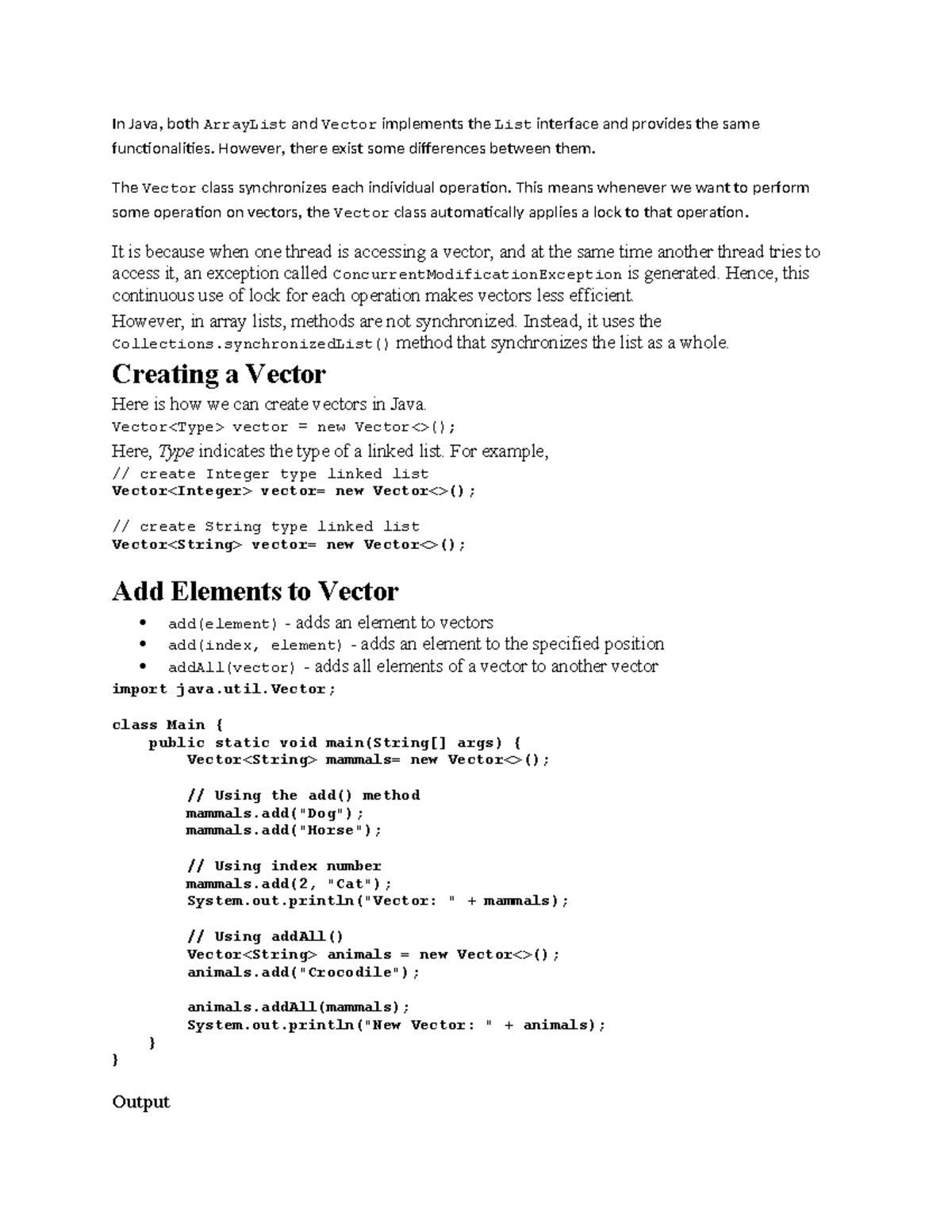 Vect in java - java on vectors - In Java, both ArrayList and Vector implements the List ...