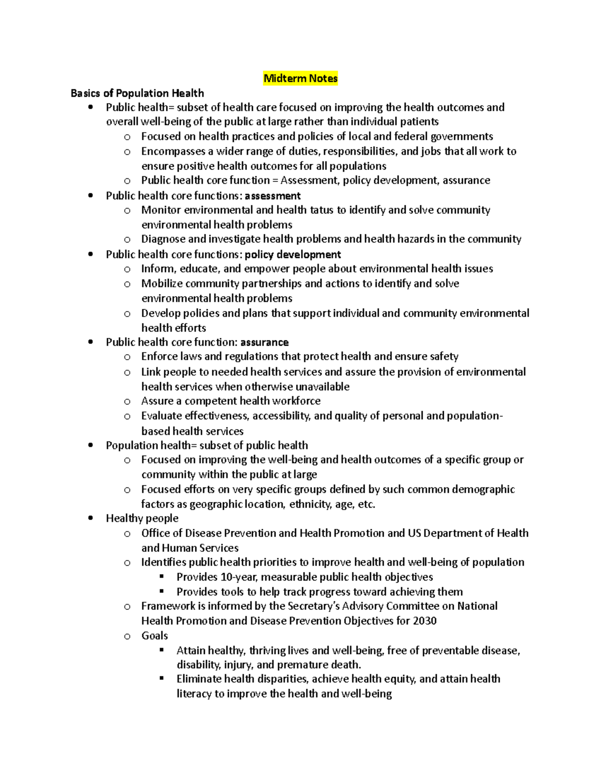 Population Midterm Notes - Midterm Notes Basics of Population Health ...