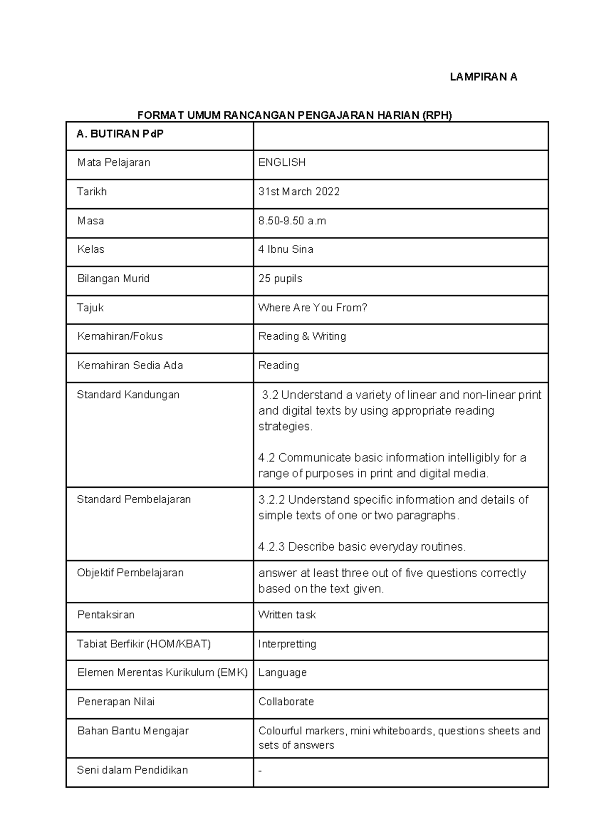 12. Format RPH - rph - LAMPIRAN A FORMAT UMUM RANCANGAN PENGAJARAN HARIAN (RPH) A. BUTIRAN PdP ...