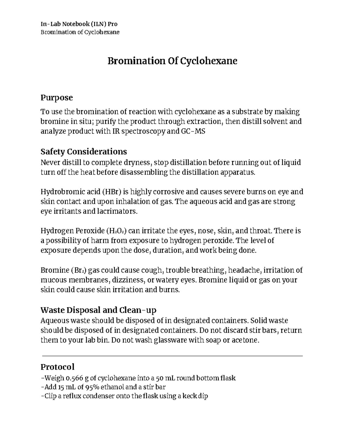Untitled document (2) copy 2 - In-Lab Notebook (ILN) Pro Bromination of Cyclohexane Bromination ...