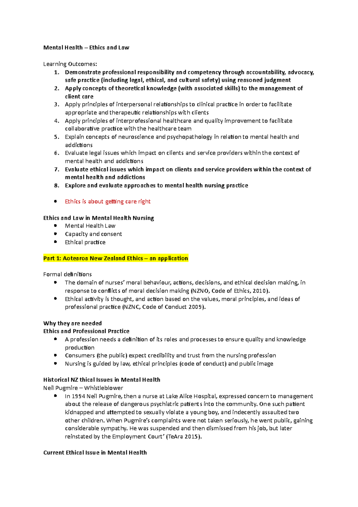 Ethics and Law - Mental Health – Ethics and Law Learning Outcomes: 1 ...
