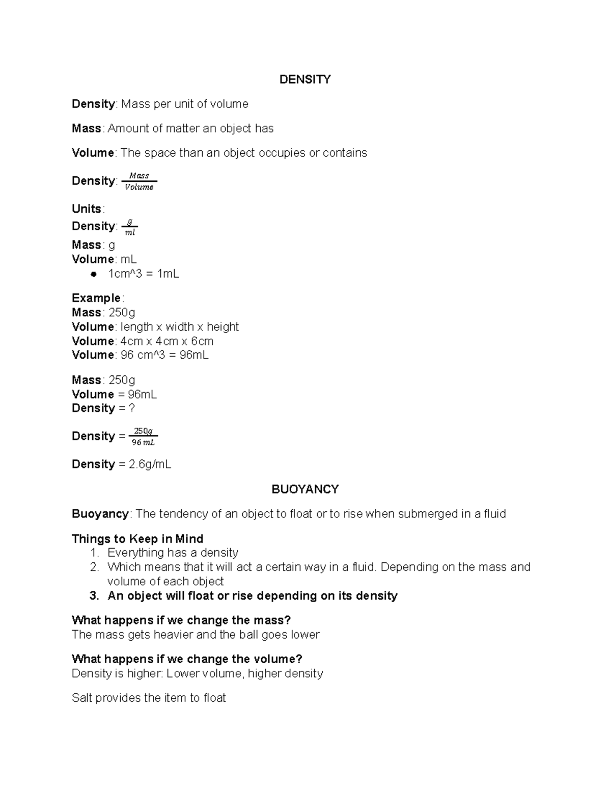9 11 Density + Buoyancy Notes - DENSITY Density: Mass per unit of ...