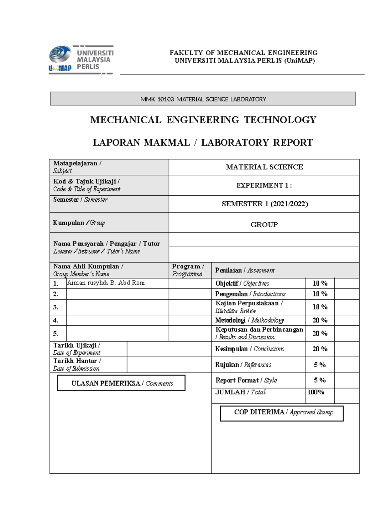 Lab Report Experiment 1 - FAKULTY OF MECHANICAL ENGINEERING UNIVERSITI ...