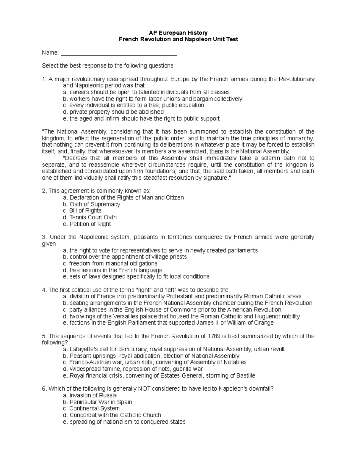 Fench Rev and Napoleon test1 - AP European History French Revolution ...