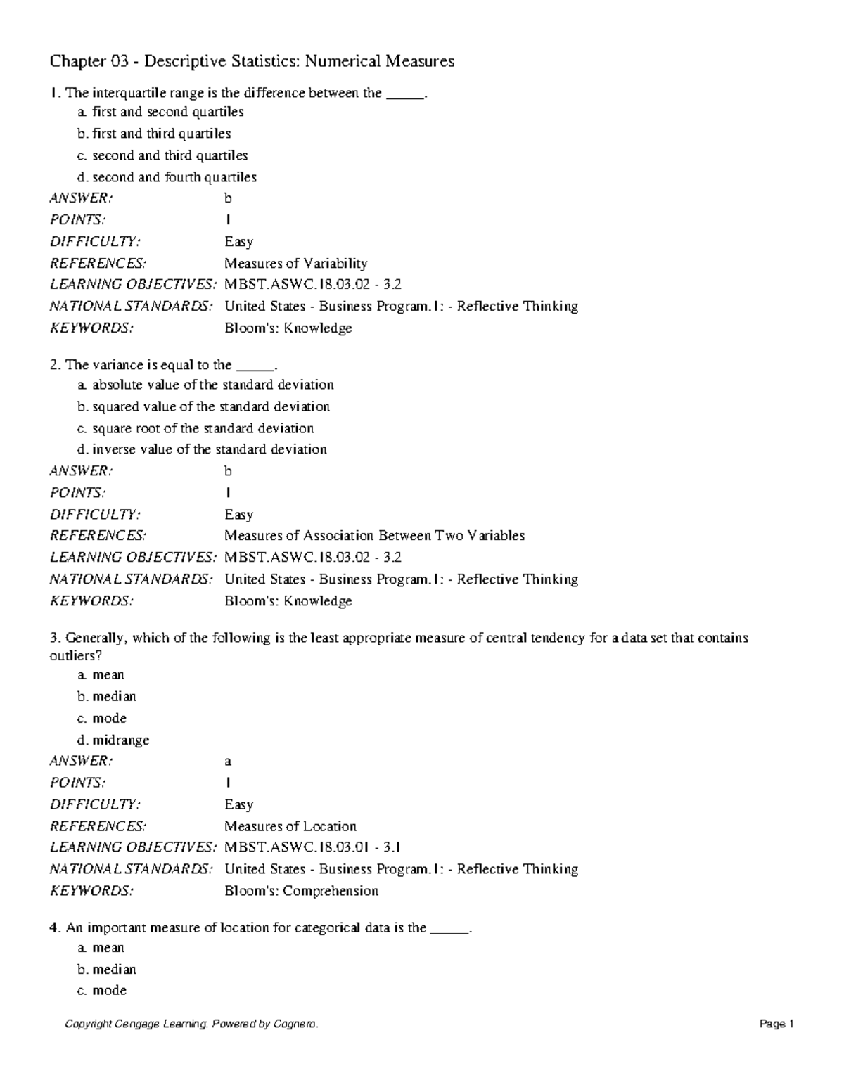 Chapter 03 Descriptive Statistics Numerical Measures TB - The ...