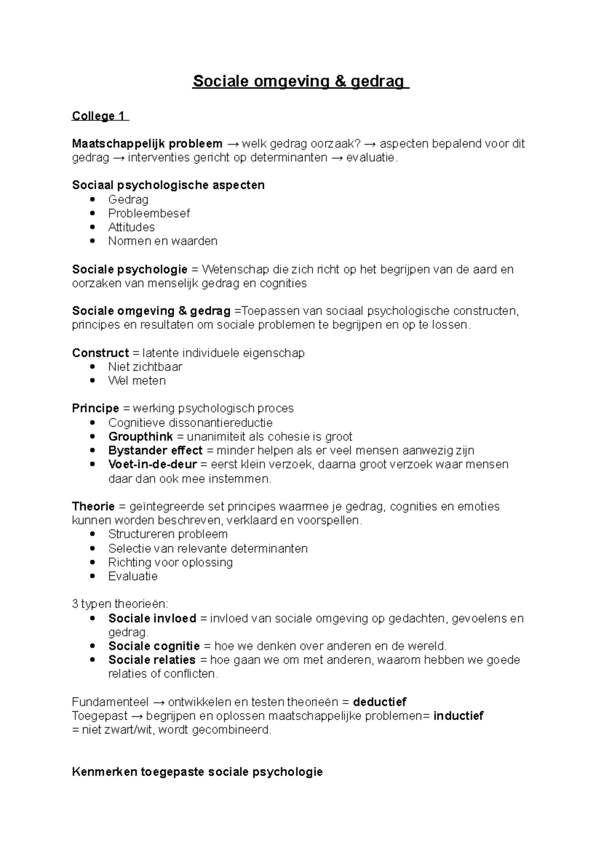 Sociale omgeving en gedrag - Sociale omgeving & gedrag College 1 ...