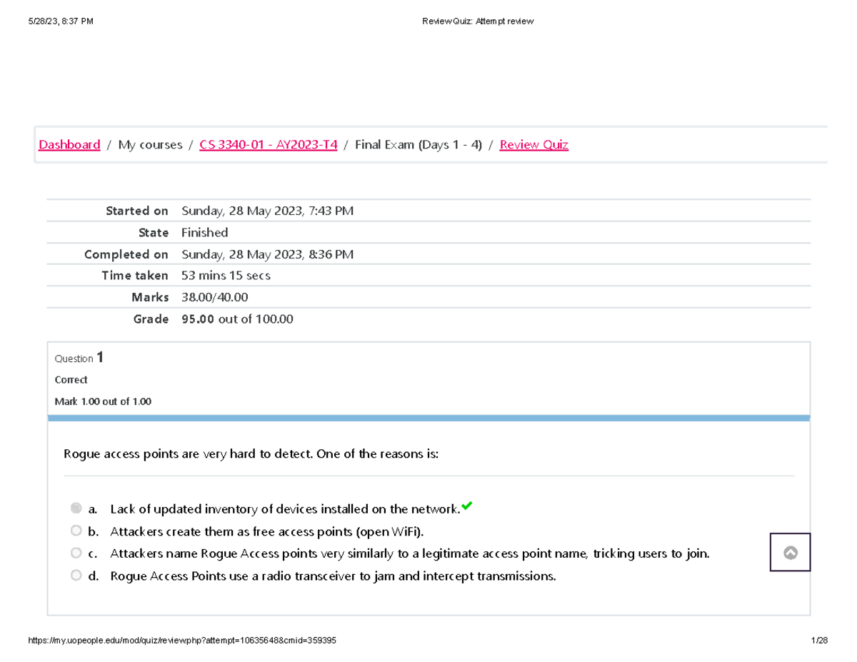 Review Quiz Attempt review - Started on Sunday, 28 May 2023, 7:43 PM State Finished Completed on ...