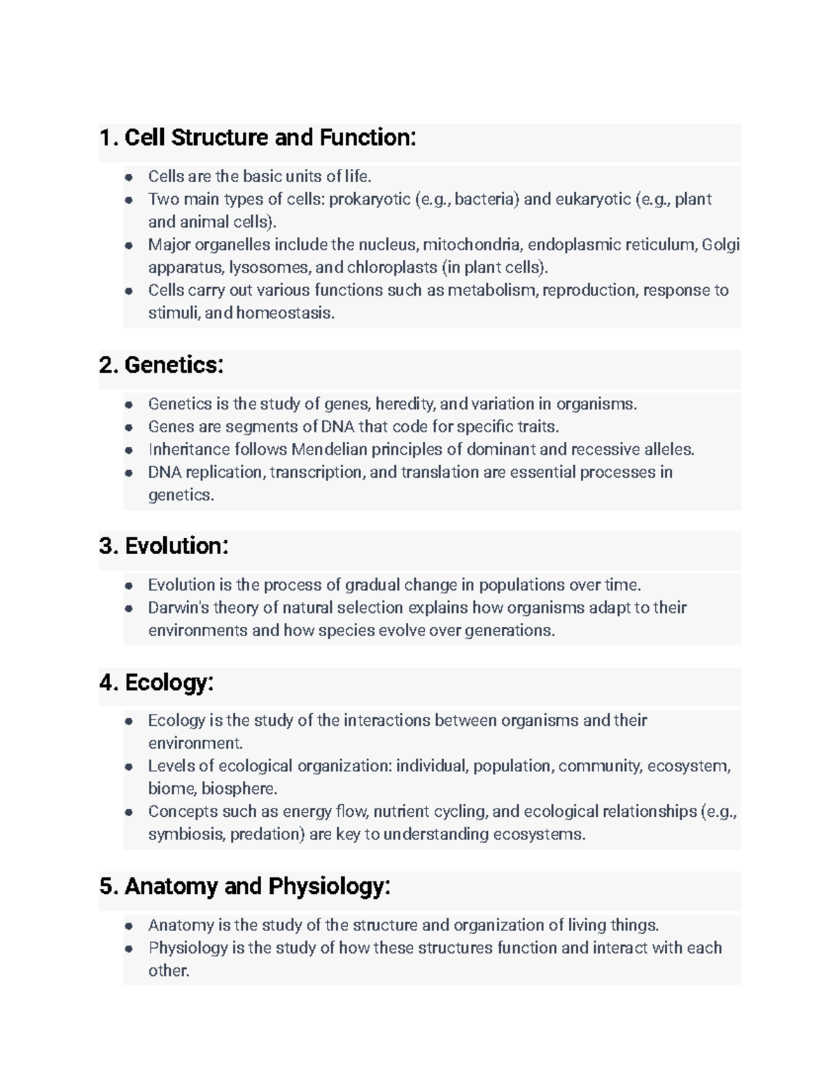 Bio notes - 1. Cell Structure and Function: Cells are the basic units ...