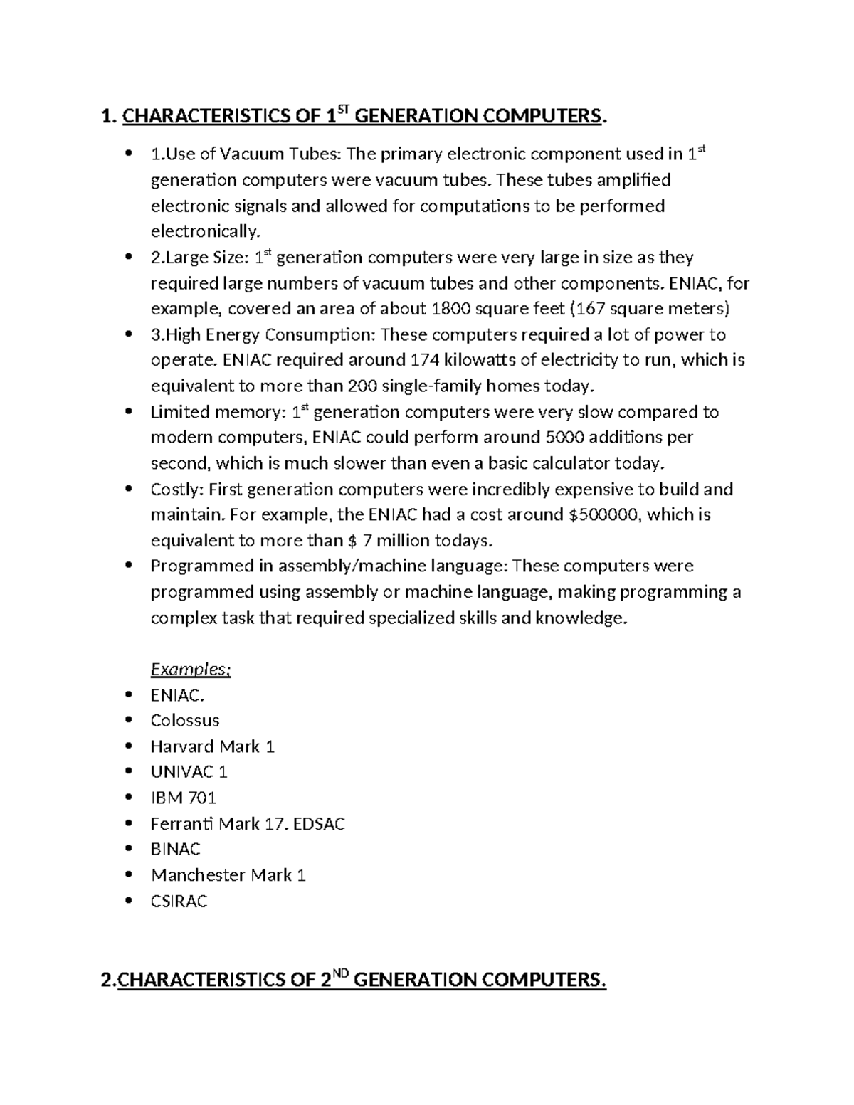 Characteristics of 1st generation computer 1 - 1. CHARACTERISTICS OF 1ST GENERATION COMPUTERS. 1 ...