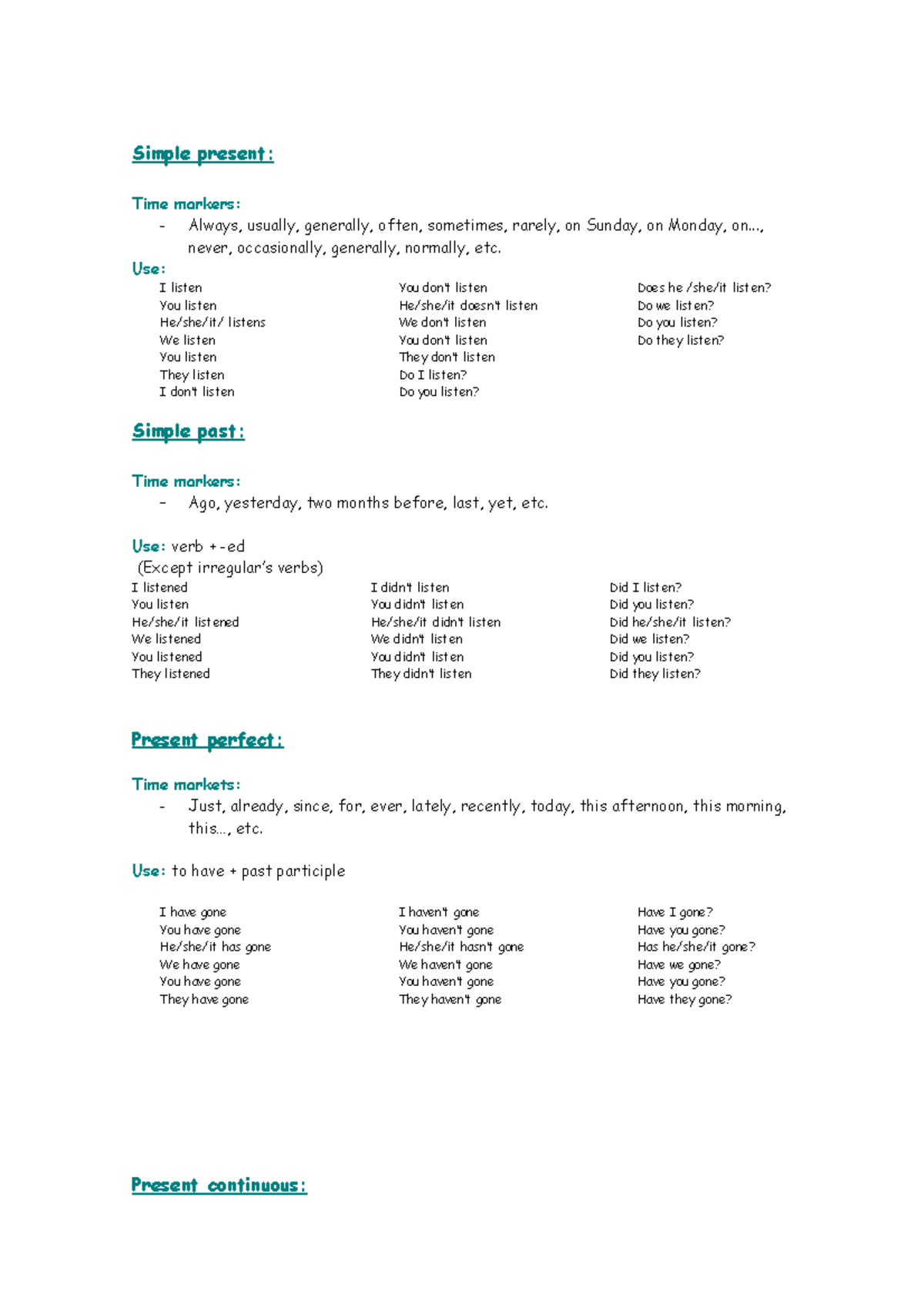 Gramática para teste - Inglês - Simple present: Time markers: - Always ...