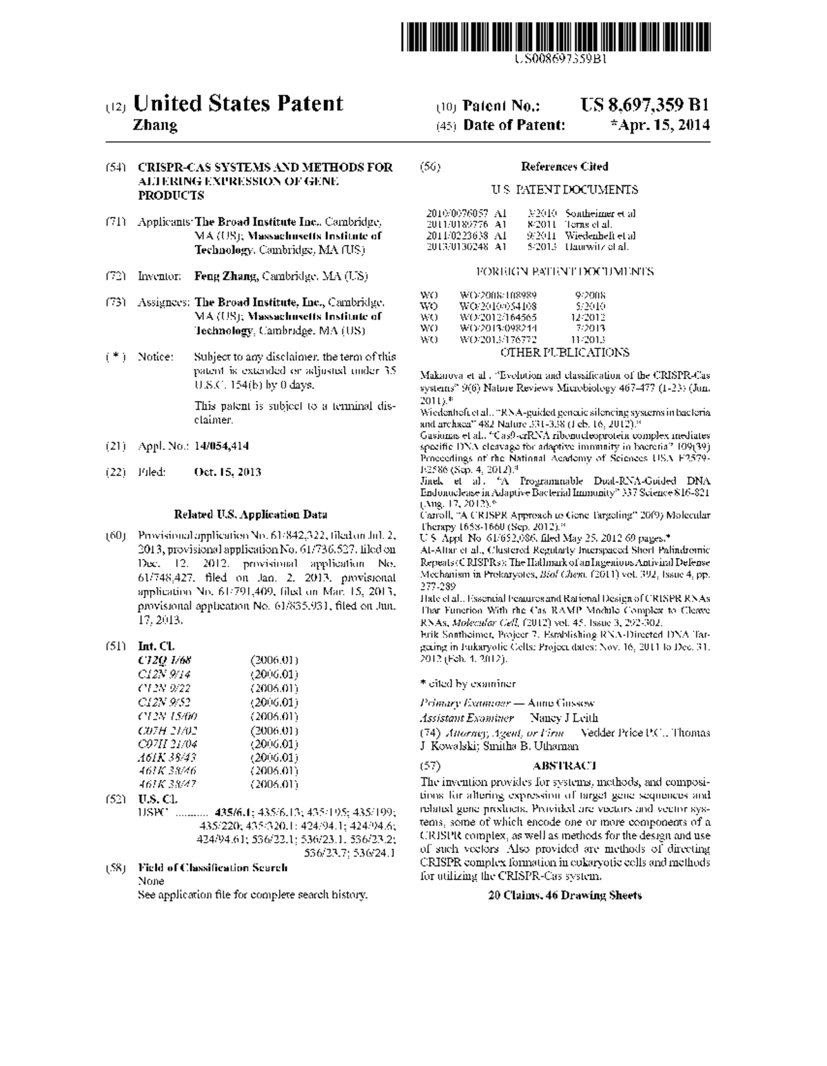 Crispr Patent file by Feng Zhang 2013 removed - USOO8697359B (12 ...