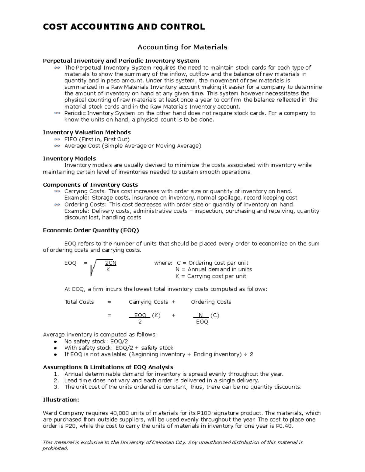 Cost Acctg. - HO#6 - cost acc - Accounting for Materials Perpetual ...