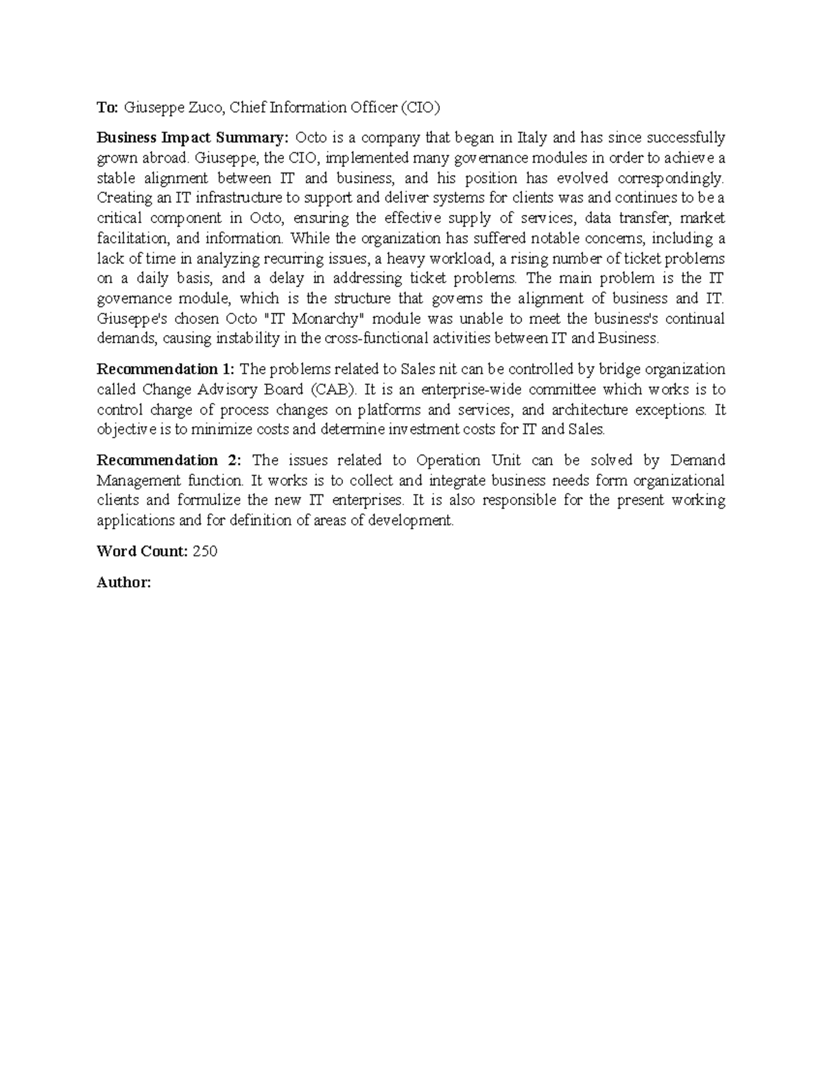 4th student Use case Memo - To: Giuseppe Zuco, Chief Information ...