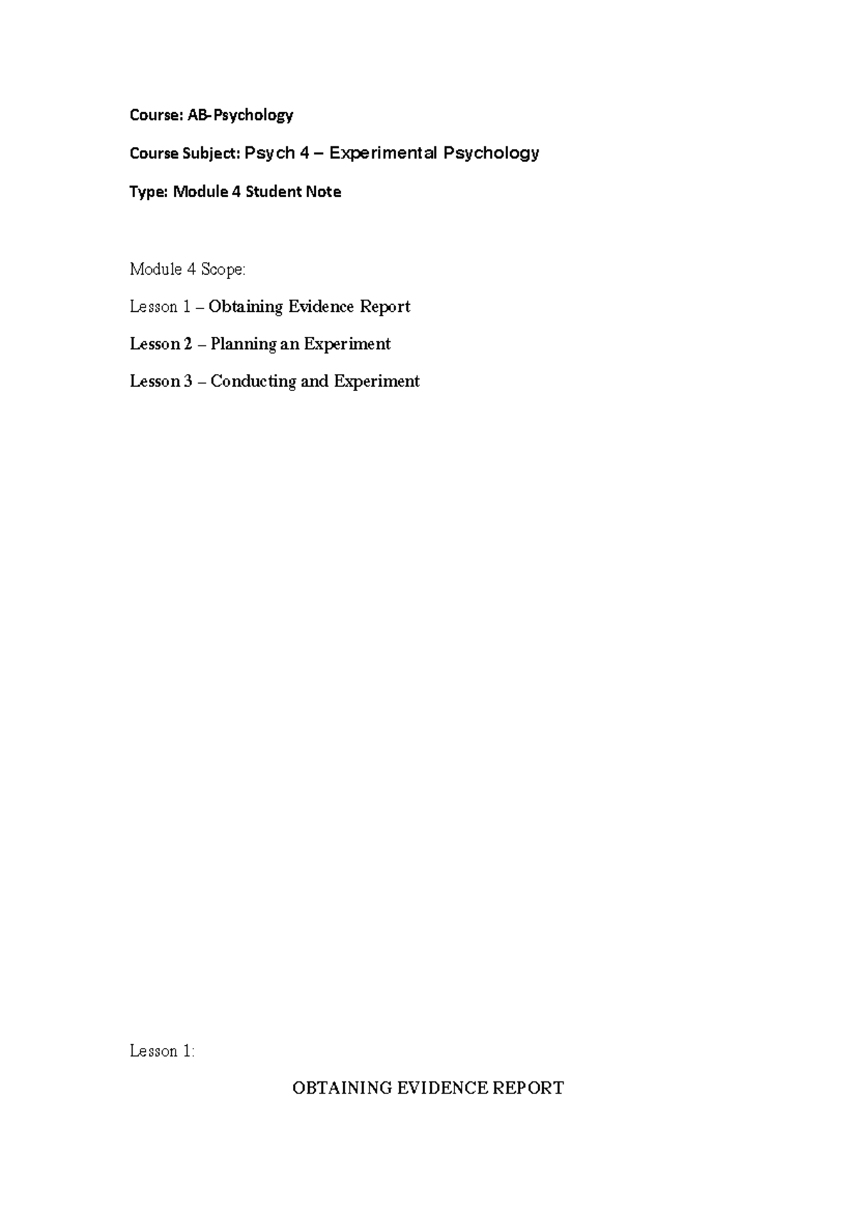 Psych 4 Experimental Psychology - Module 4 Obtaining Evidence Report in ...