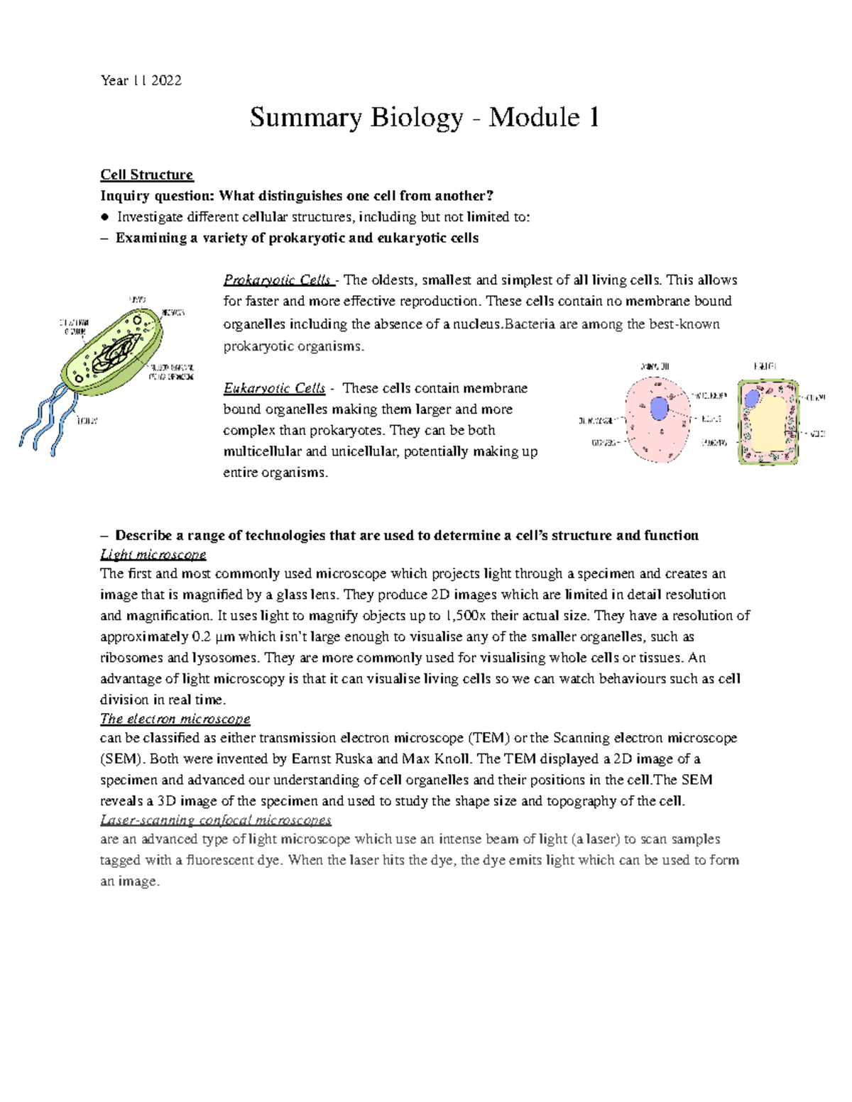 NSW YR 11 Summary Biology - Summary Biology - Module 1 Cell Structure ...
