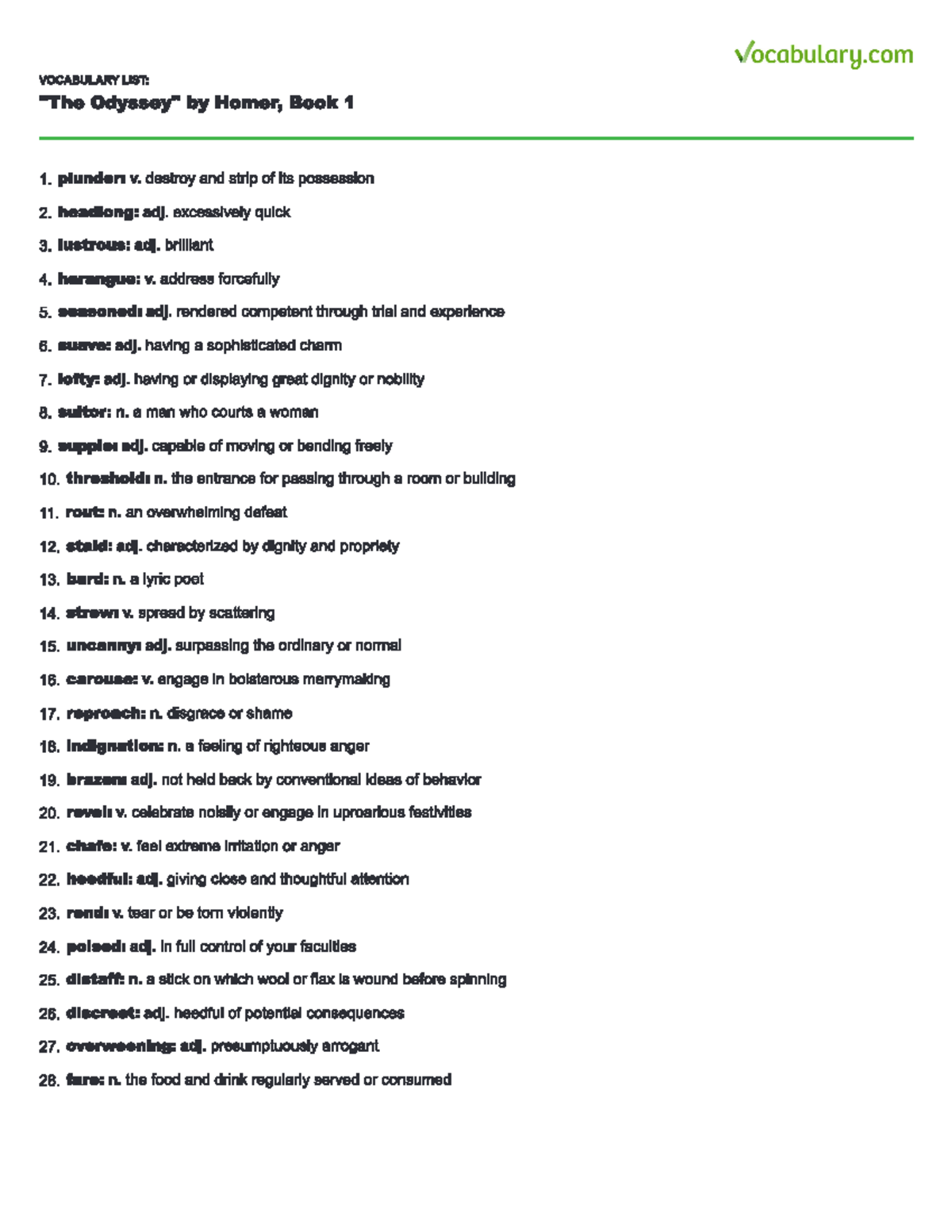 The Odyssey Book 1 - Vocab - Vocabulary VOCABULARY LIST: Homer, Book 1 ...