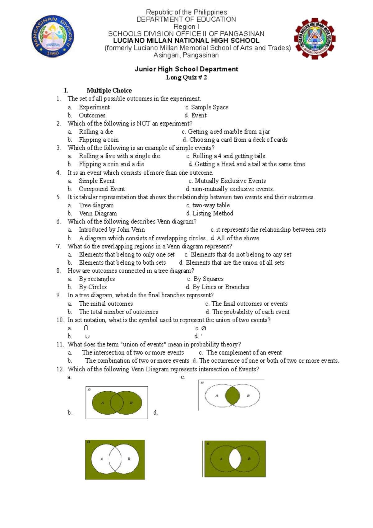 Check up quiz probability - Republic of the Philippines DEPARTMENT OF ...