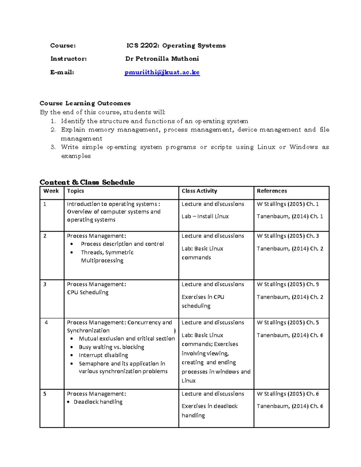 ICS 2202- Course Outline - Course: ICS 2202: Operating Systems ...