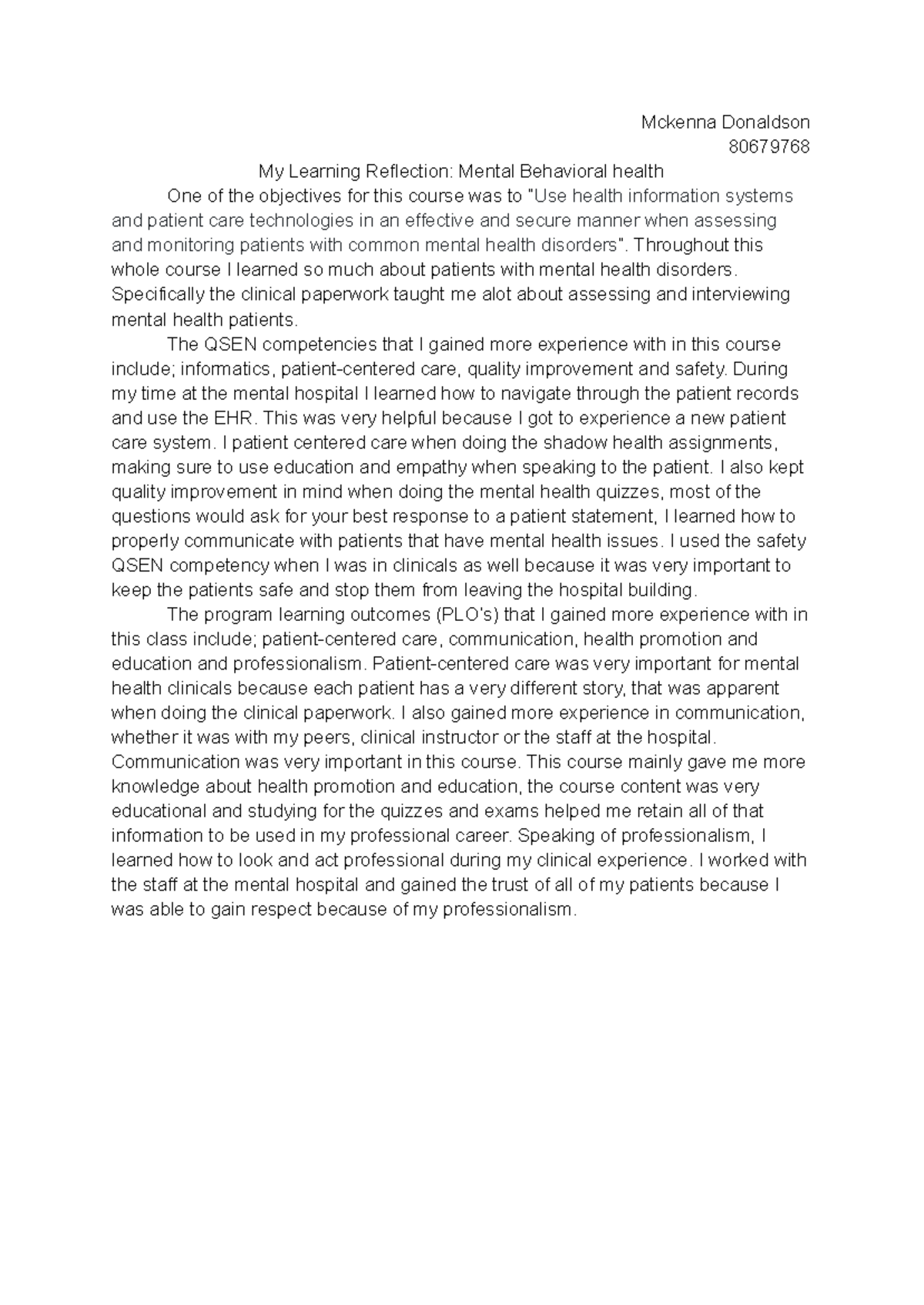 My Learning Reflection mental health - Mckenna Donaldson 80679768 My ...