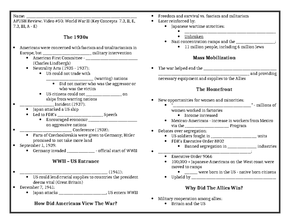 Apush Review Video 50 World War II Key Concepts 7 - Name: - Studocu