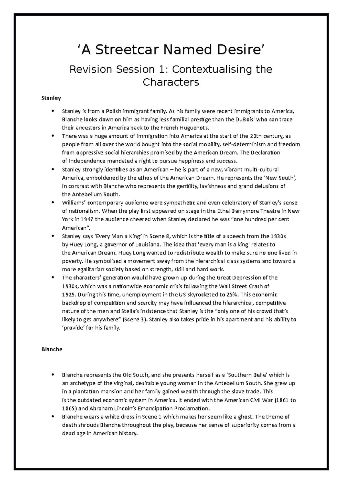 Contextualising the characters - ‘A Streetcar Named Desire’ Revision ...
