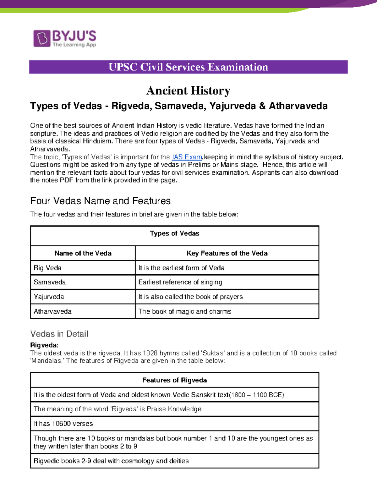 Types of Vedas Ancient - UPSC Civil Services Examination Ancient ...