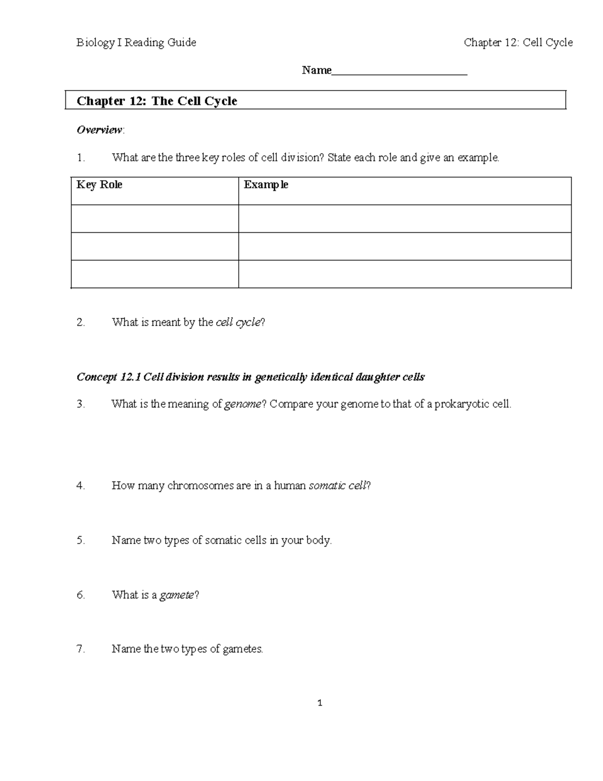 BIO 1 Chapter 12 Study Guide - Name Chapter 12 : The Cell Cycle ...
