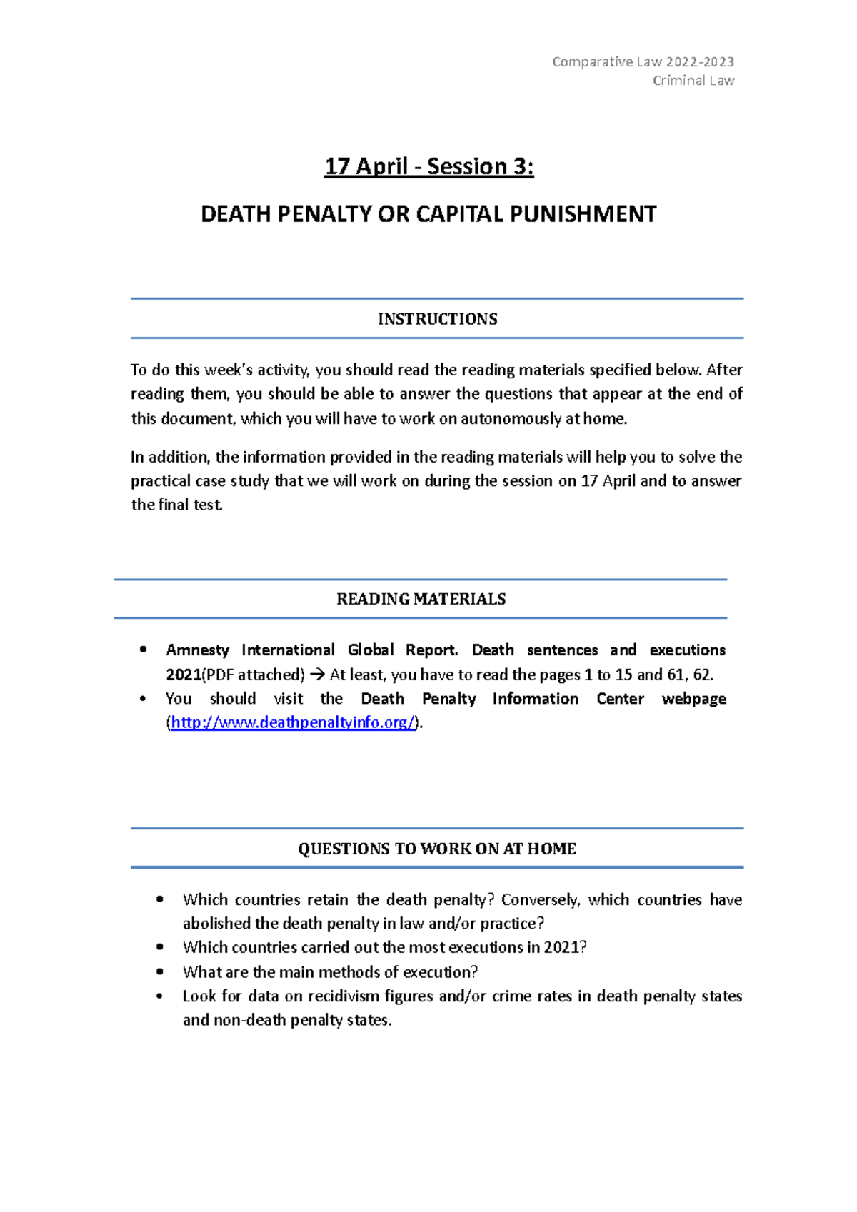 Session 3. Death penalty - students version - Comparative Law 2022 ...