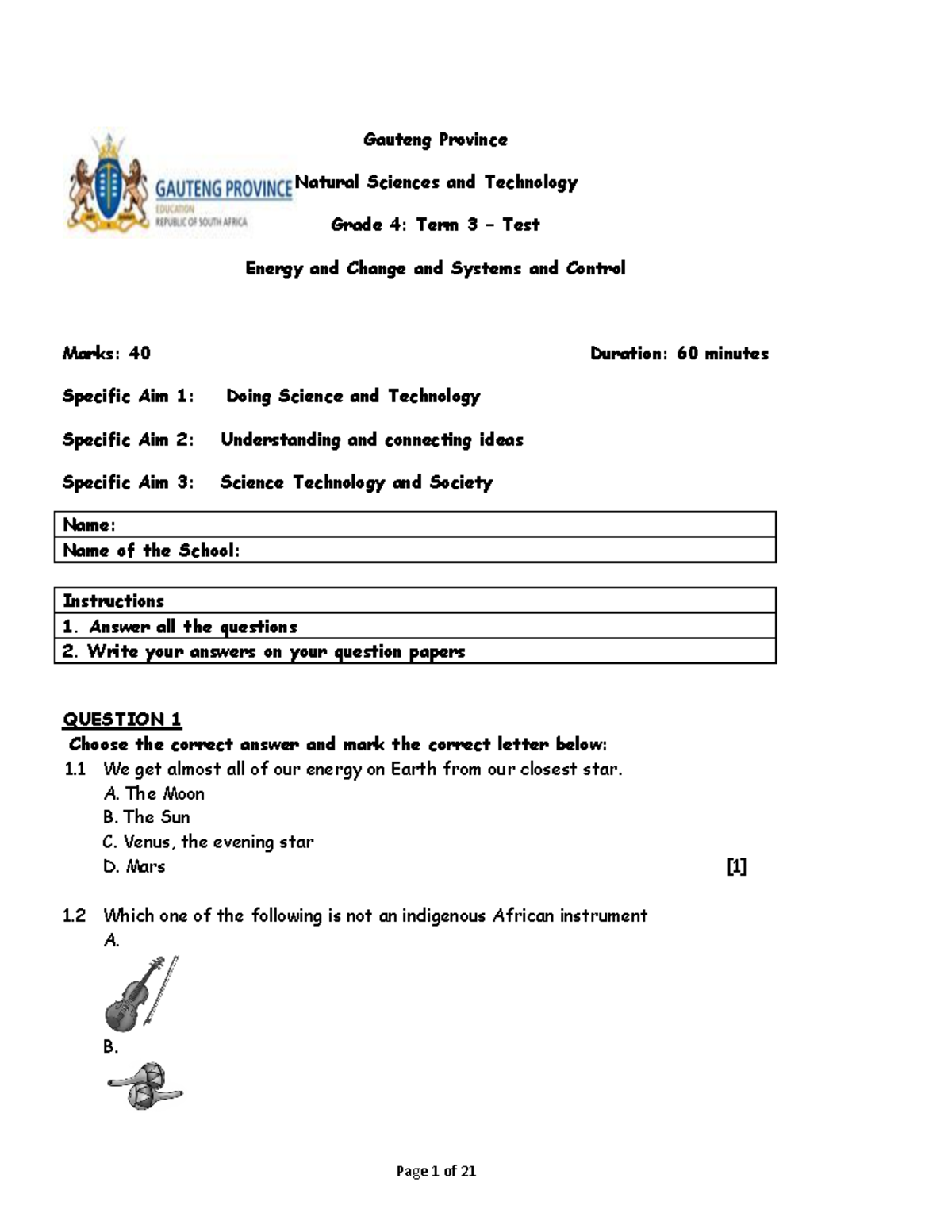Nstech GR. 4 TERM 3 Formal TEST Memo - Gauteng Province Natural ...