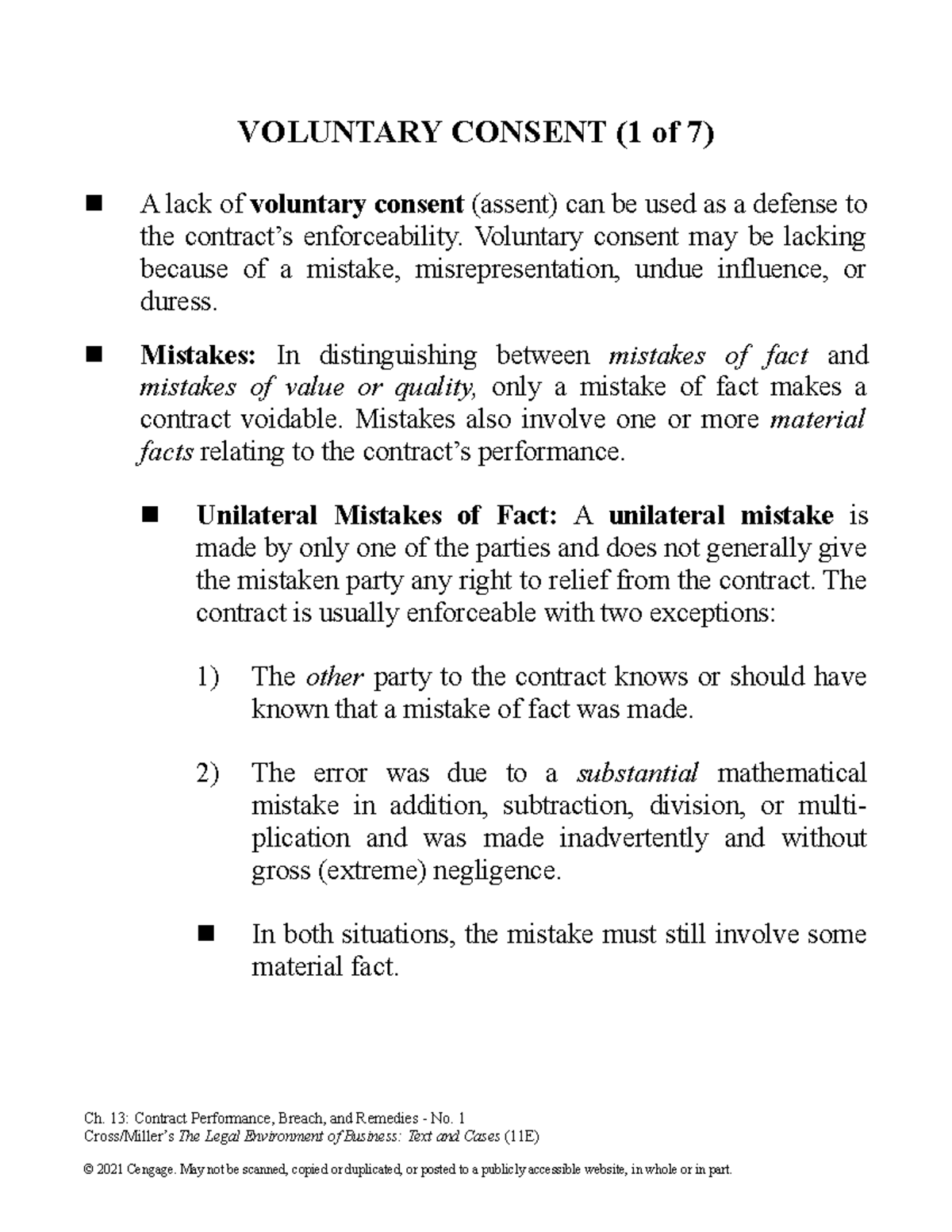 Cross-miller 11e lecture ch13 - VOLUNTARY CONSENT (1 of 7) A lack of ...