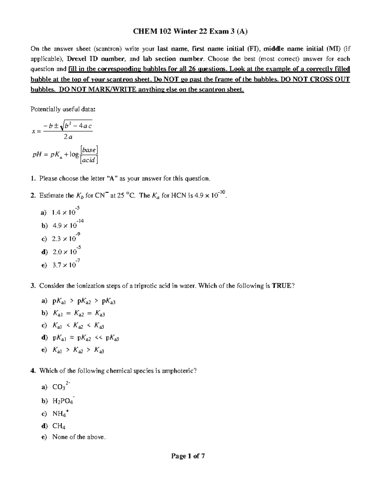 Exam 3 Chem 102 Winter 2022 a w. Answers Key - CHEM 102 Winter 22 Exam 3 (A) On the answer sheet ...