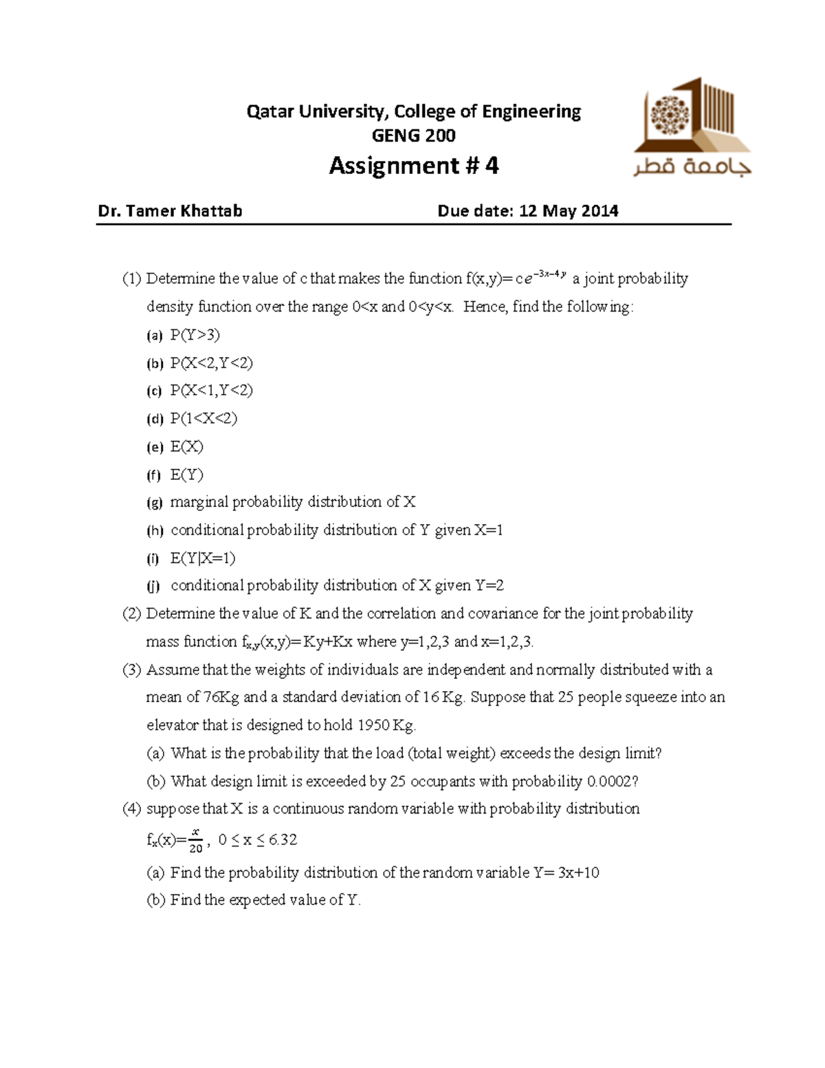 [Spring 2014 ] Assignment #4 - Qatar University, College of Engineering ...